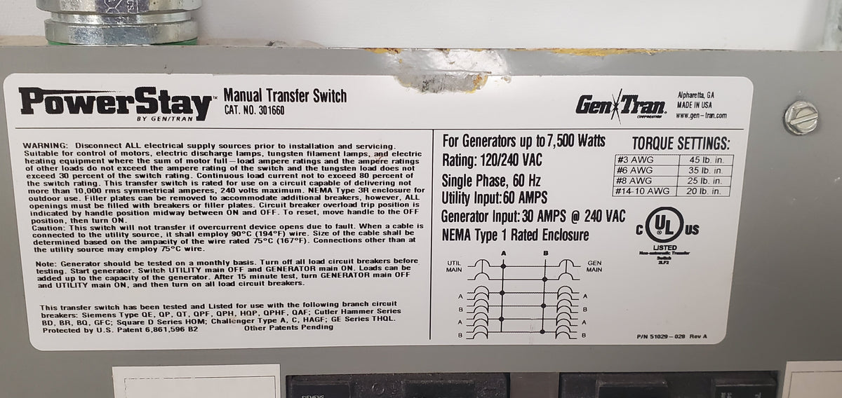 GenTran PowerStay 301660 Manual Transfer Switch + 7 Circuit Breakers ...